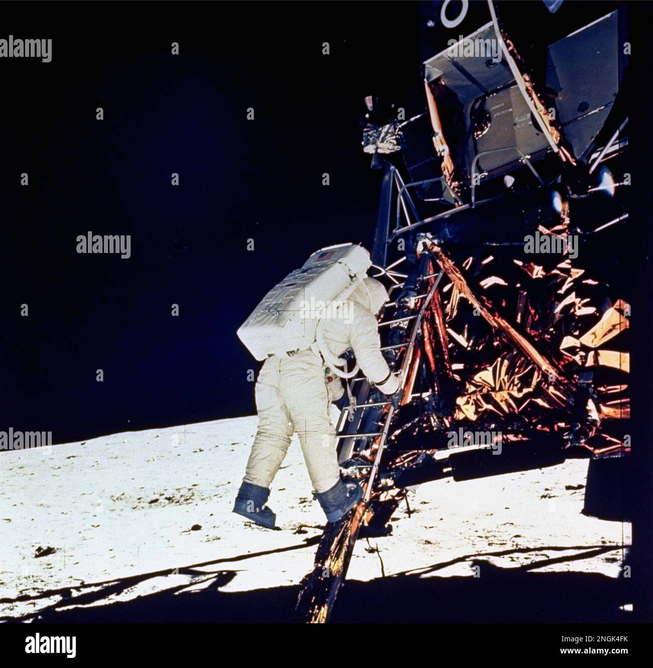 Astronaut Edwin E. Aldrin, Jr., lunar module pilot, descends steps of ...