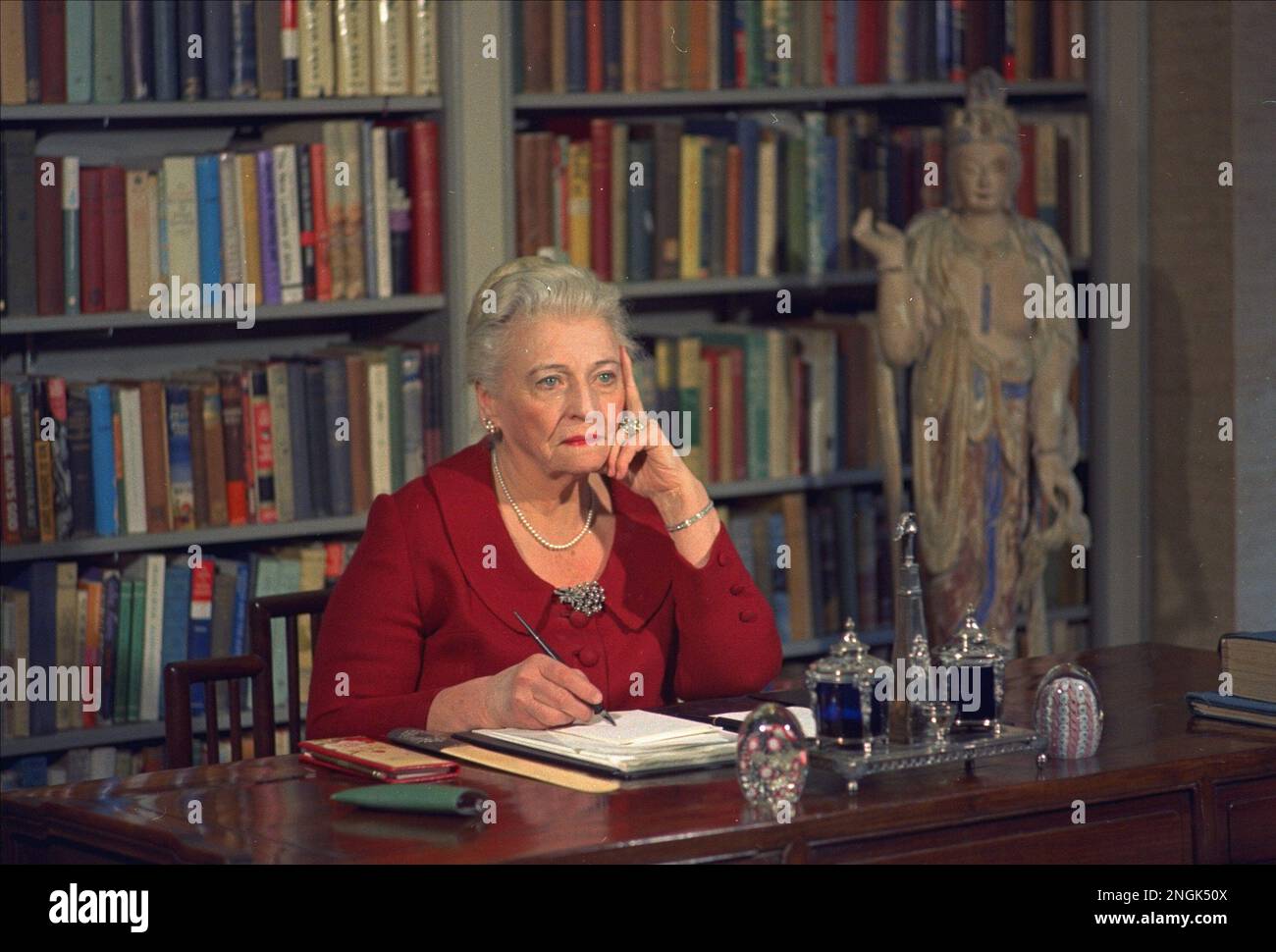Novelist Pearl Buck is pictured seated at her desk in February 1968 ...