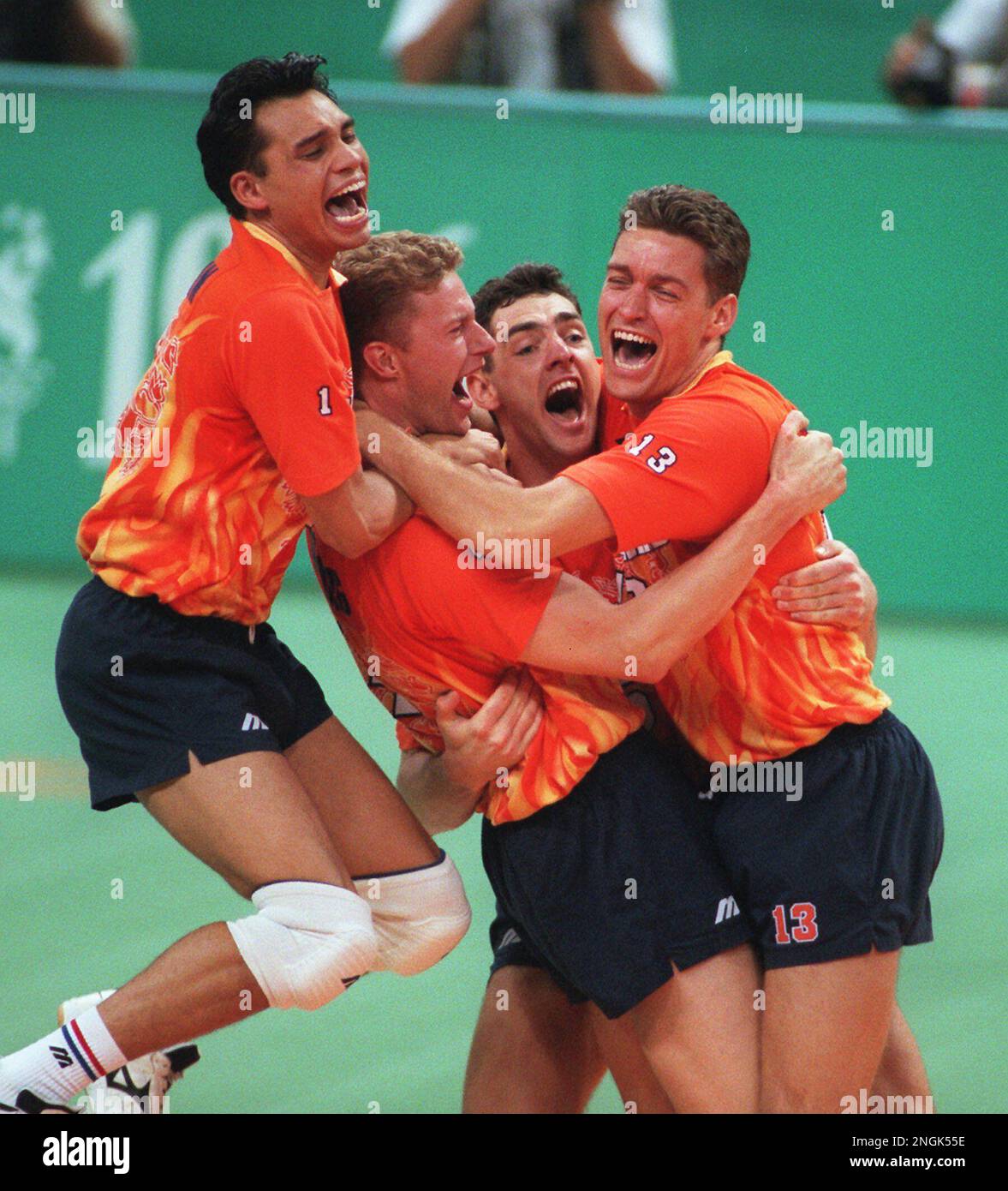 Netherland's Misha Latuhihin, left, and Rob Grabert hug two ...