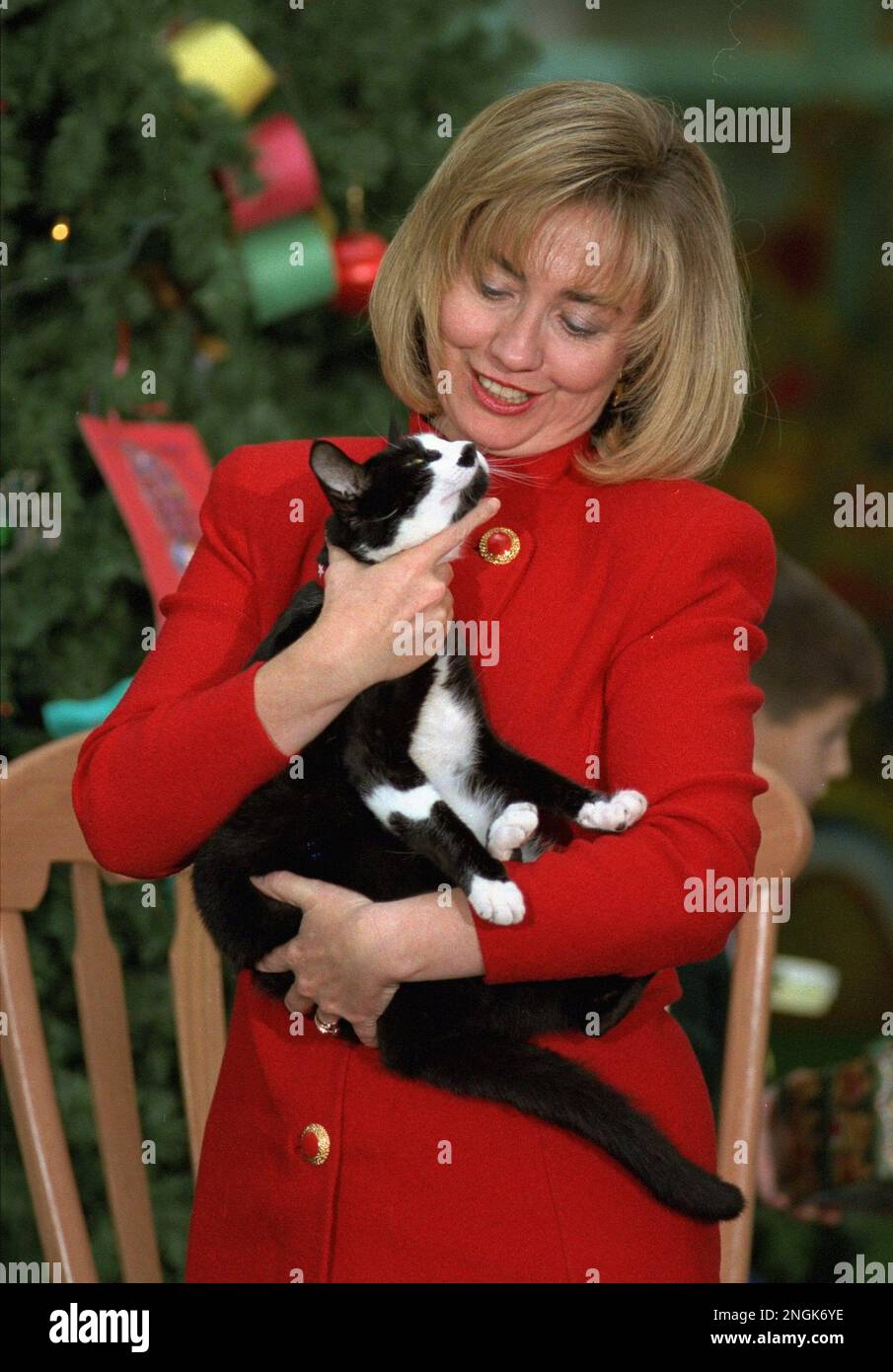 First lady Hillary Rodham Clinton holds first cat Socks during their ...