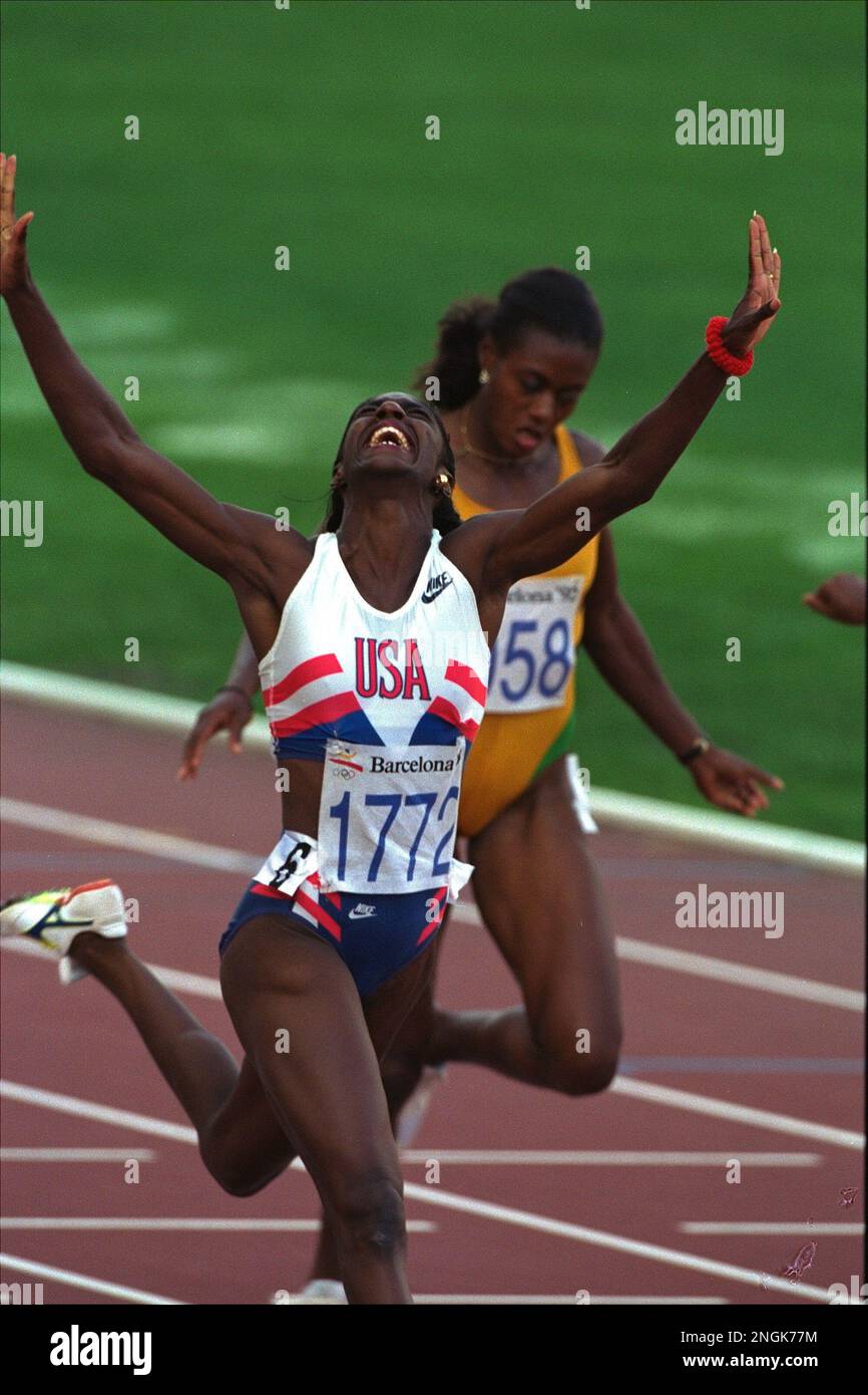 U.S. Olympic athlete Gwen Torrence of Decatur, Ga., celebrates as she ...