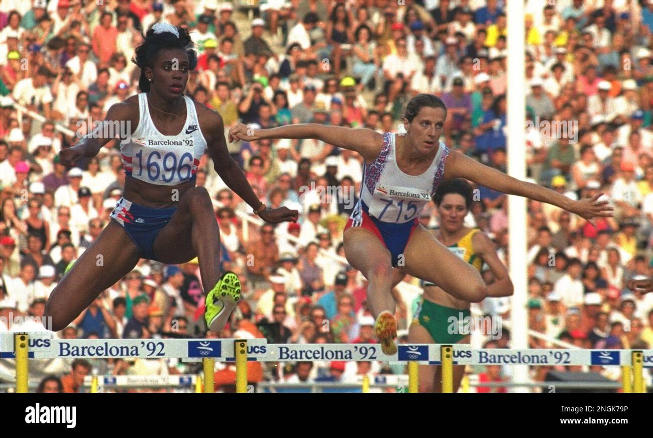 Britain's Sally Gunnell (right), and the USA's Sandra Farmer-Patrick ...