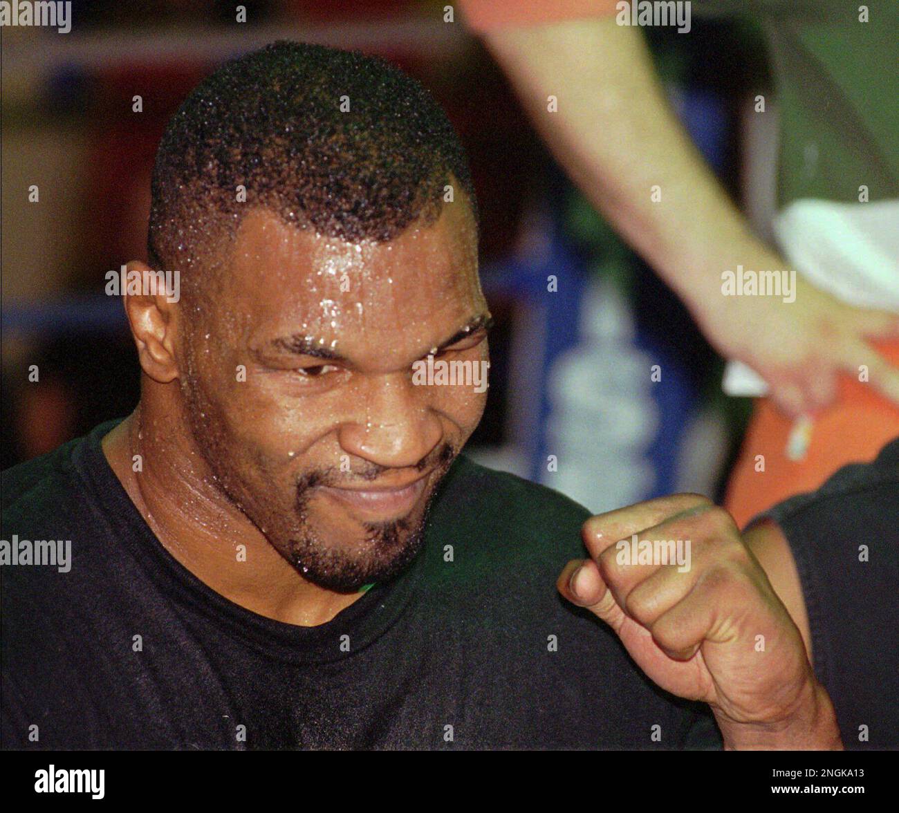 Former world heavyweight champion MIke Tyson reacts as he talks with ...