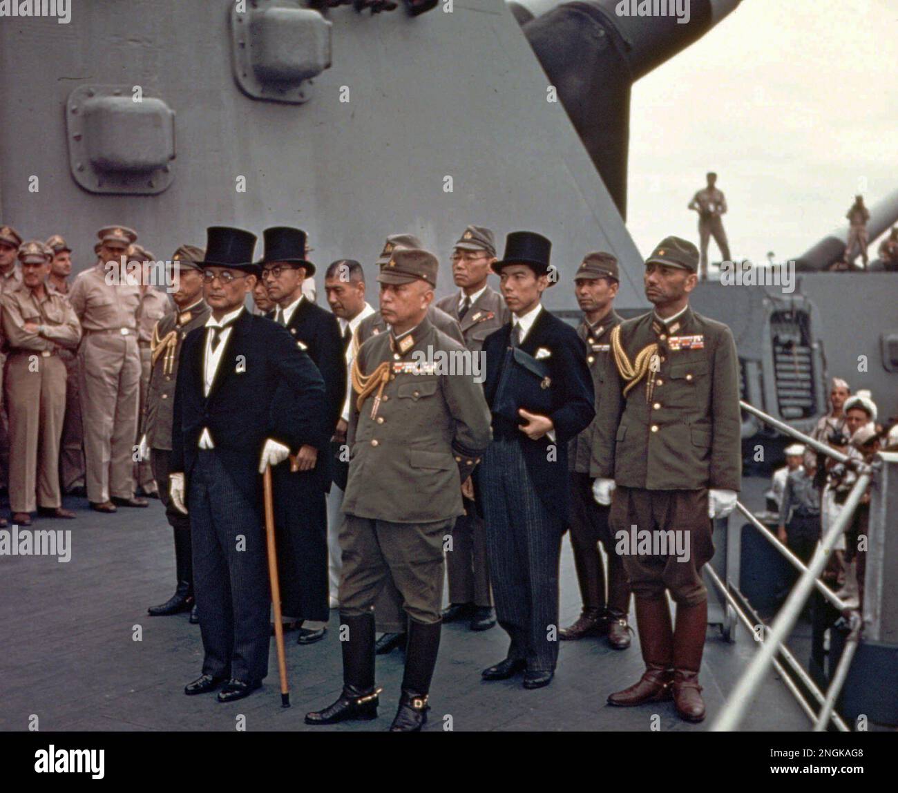 Japanese surrender signatories are shown arriving on board the USS ...