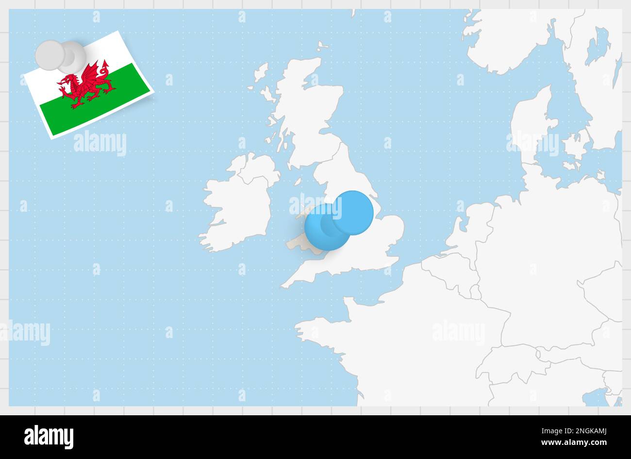 Map of Wales with a pinned blue pin. Pinned flag of Wales, vector ...
