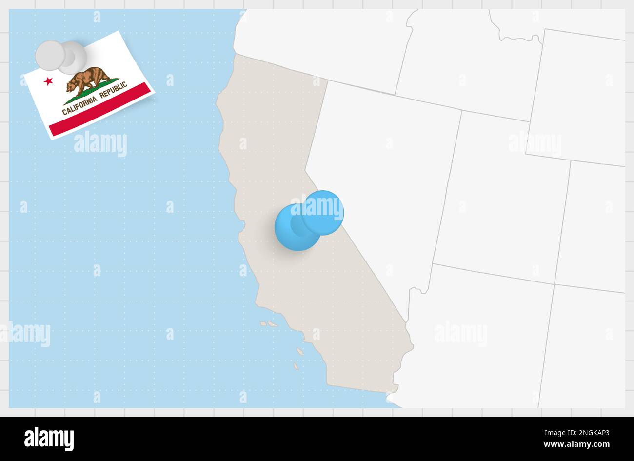 Map of California with a pinned blue pin. Pinned flag of California ...