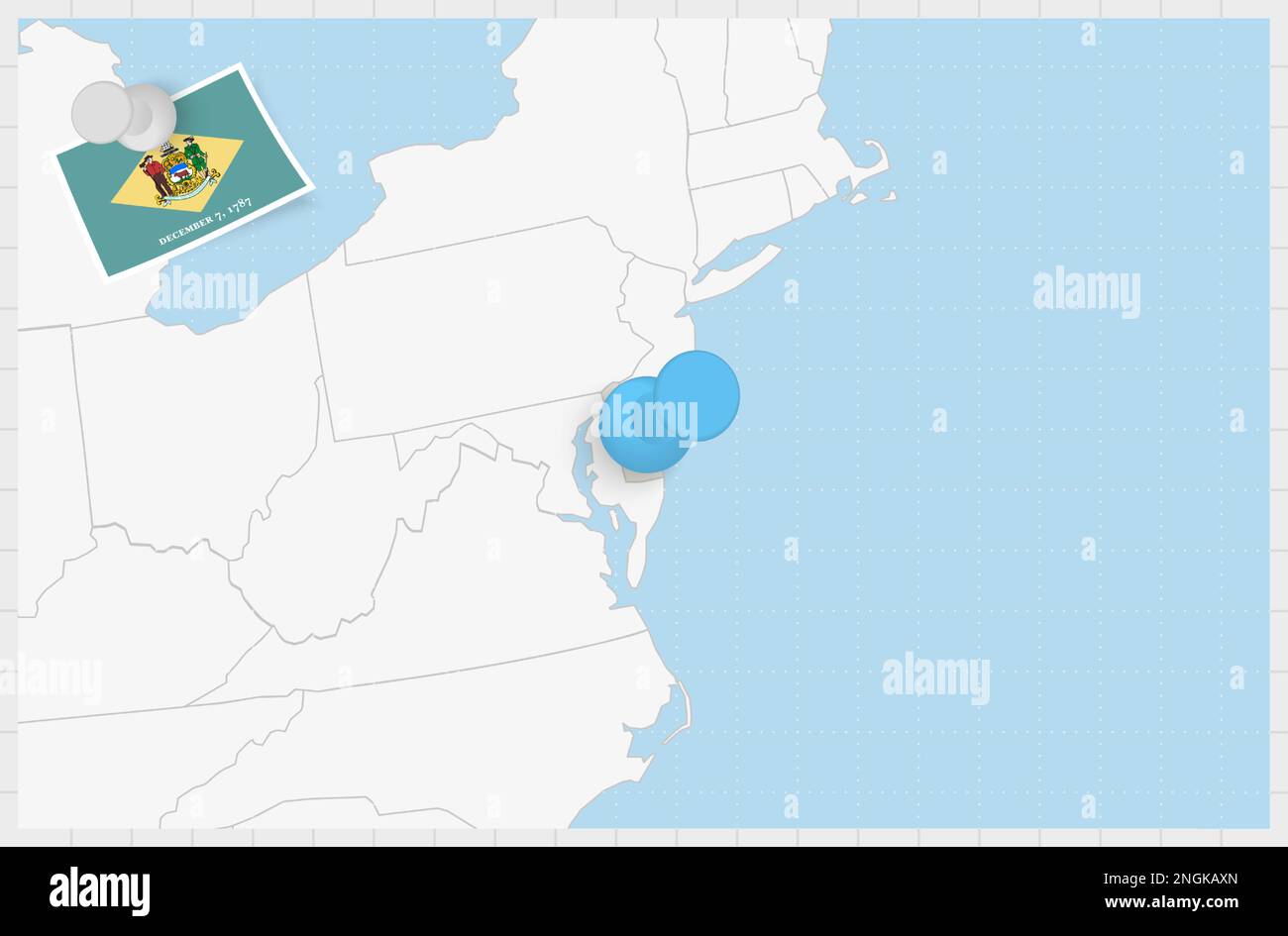 Map of Delaware with a pinned blue pin. Pinned flag of Delaware, vector ...