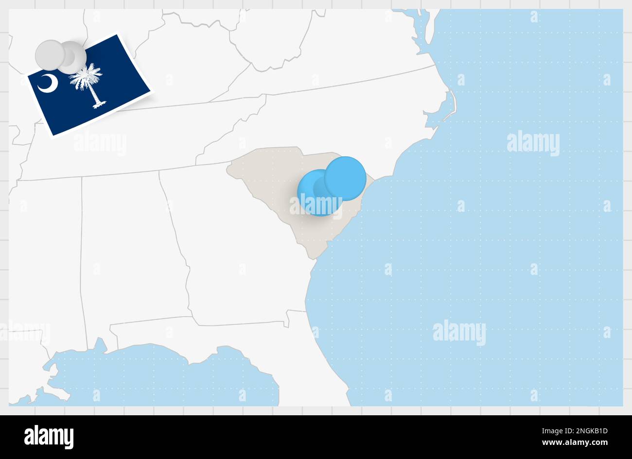 Map of South Carolina with a pinned blue pin. Pinned flag of South ...