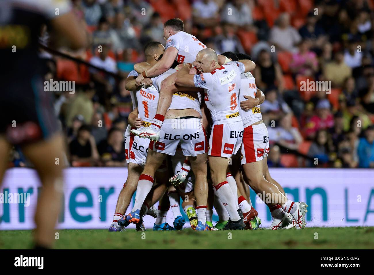 The Saint celebrate Lewis Dodd’s winning field goal during the NRL ...