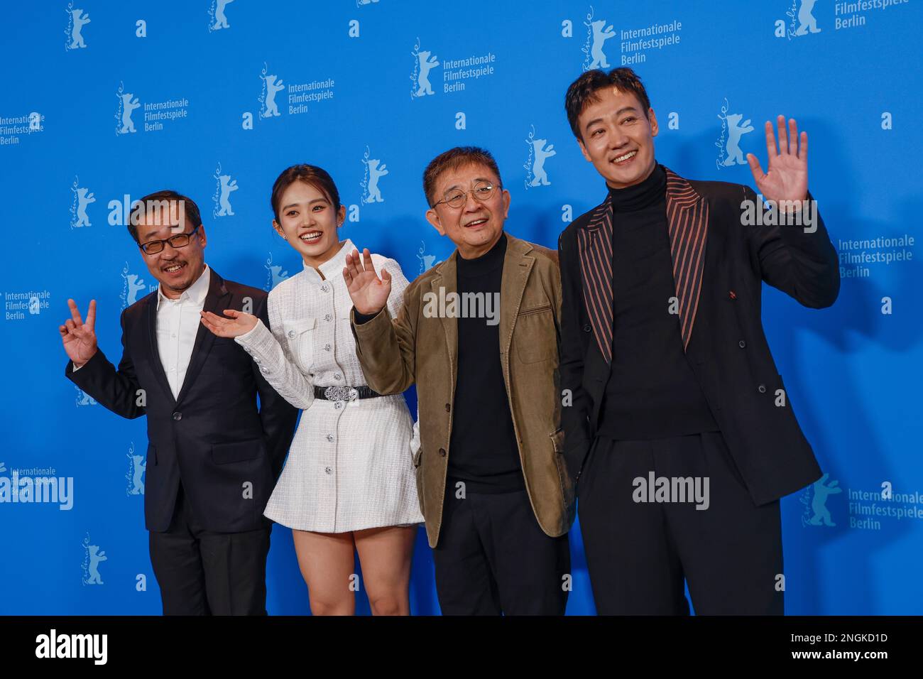 Wang Hongwei, from left, Huang Yao, director Zhang Lu and Xin Baiqing pose for photographers at ...