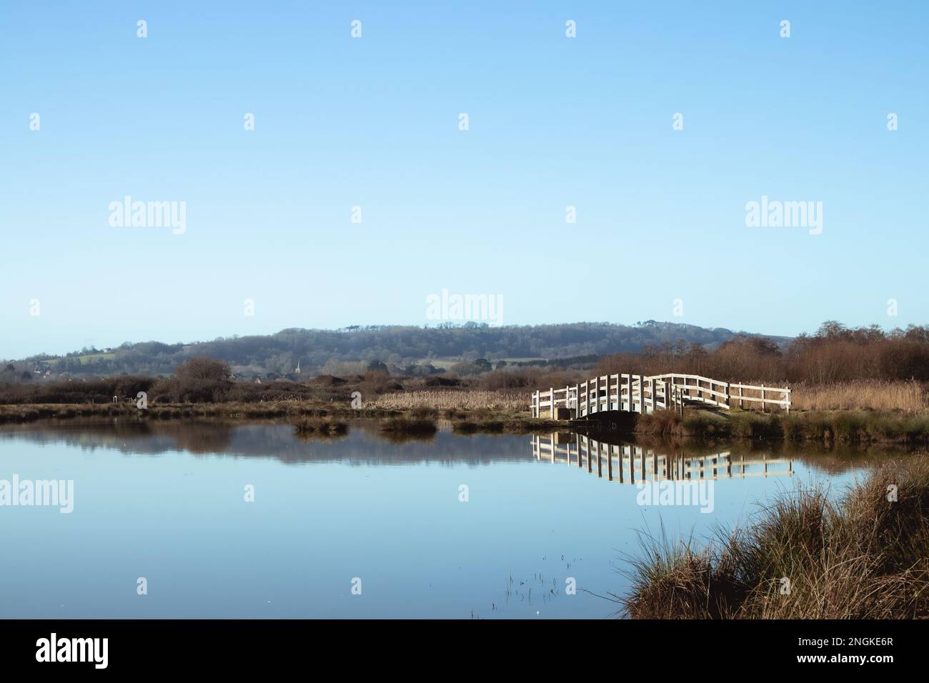 A picturesque bridge with a curved arch spanning a gentle flowing lake ...
