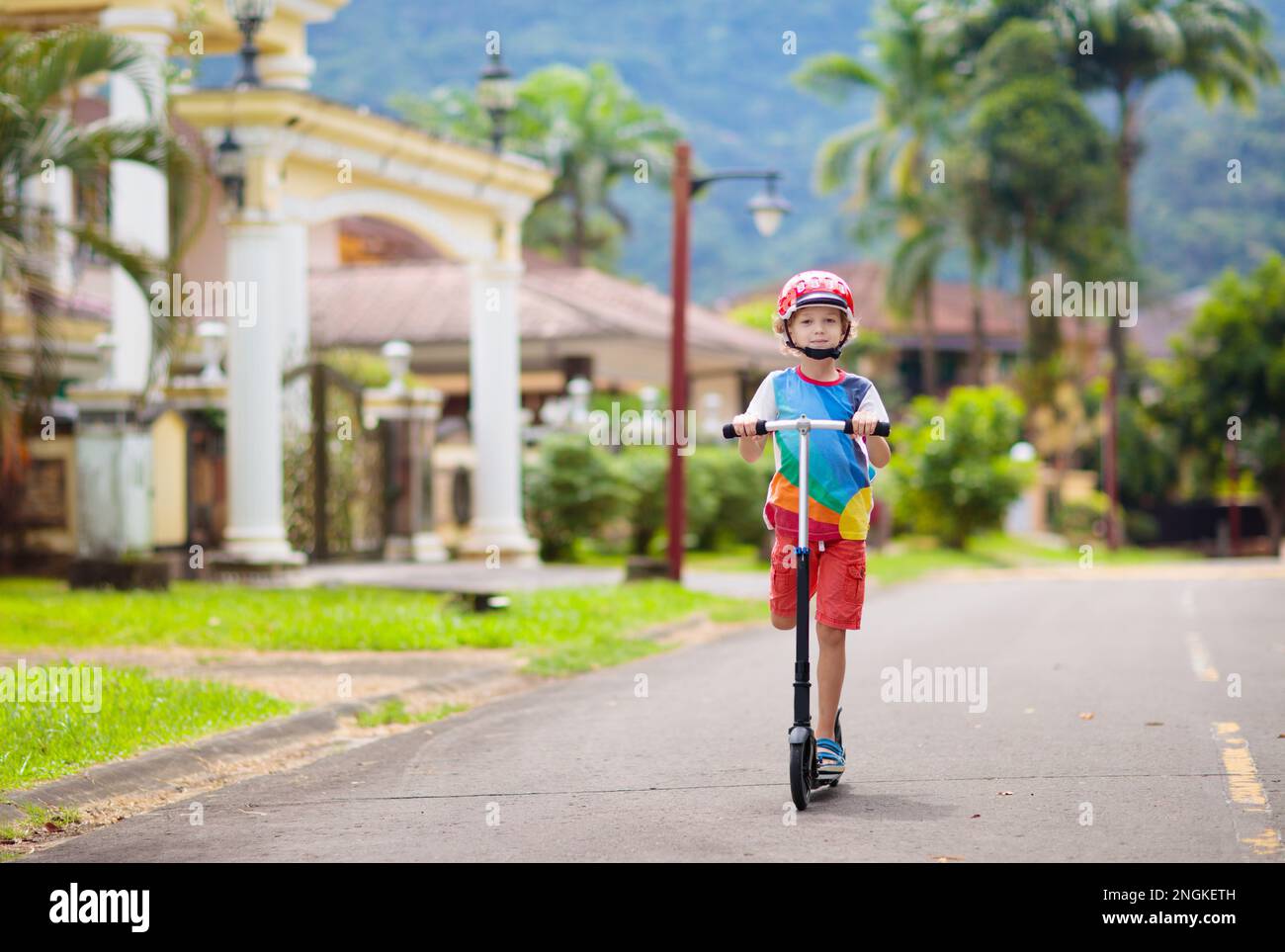 Little boy riding scooter. Kids ride kick board. Child playing on ...