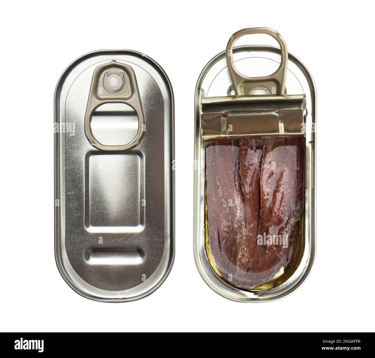 Two can of preserved anchovy fillet packed with virgin olive oil, in ...