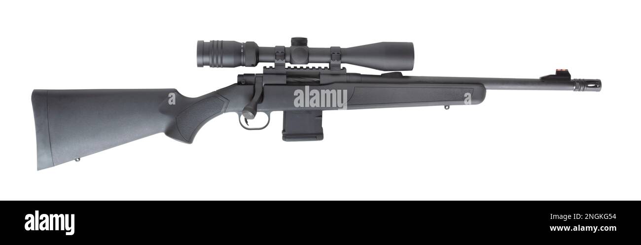 Rifle scope on a black bolt action rifle chambered in 556 on a white ...