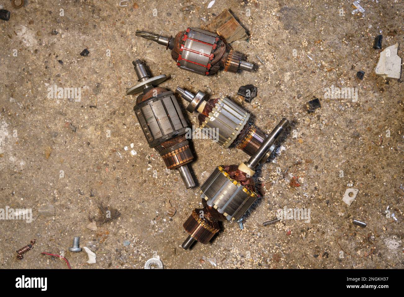 Old coils taken out of electric motors. Recycling of steel waste Stock ...