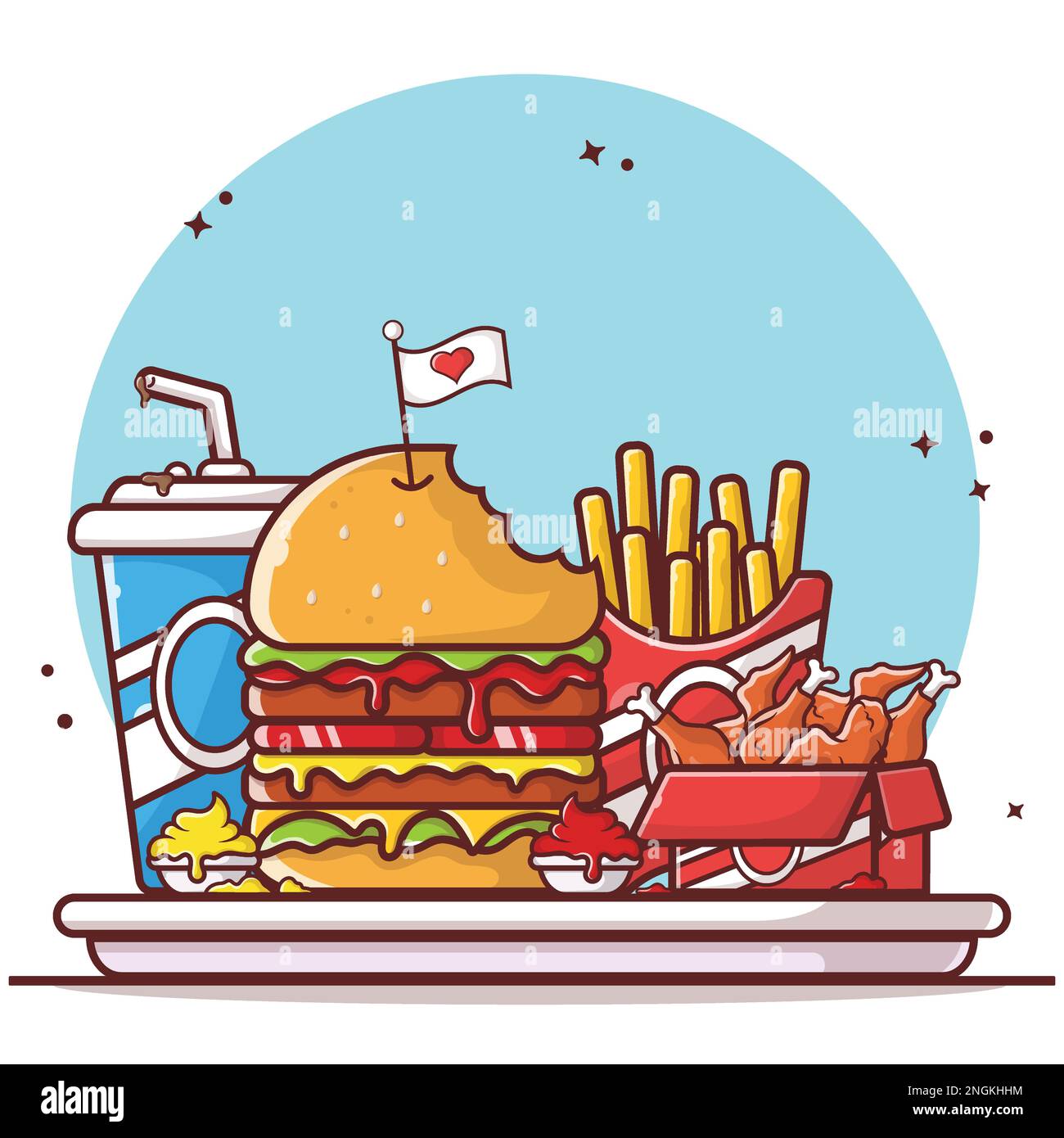 Burger with french fries fried chicken soda sauces cartoon vector fast ...