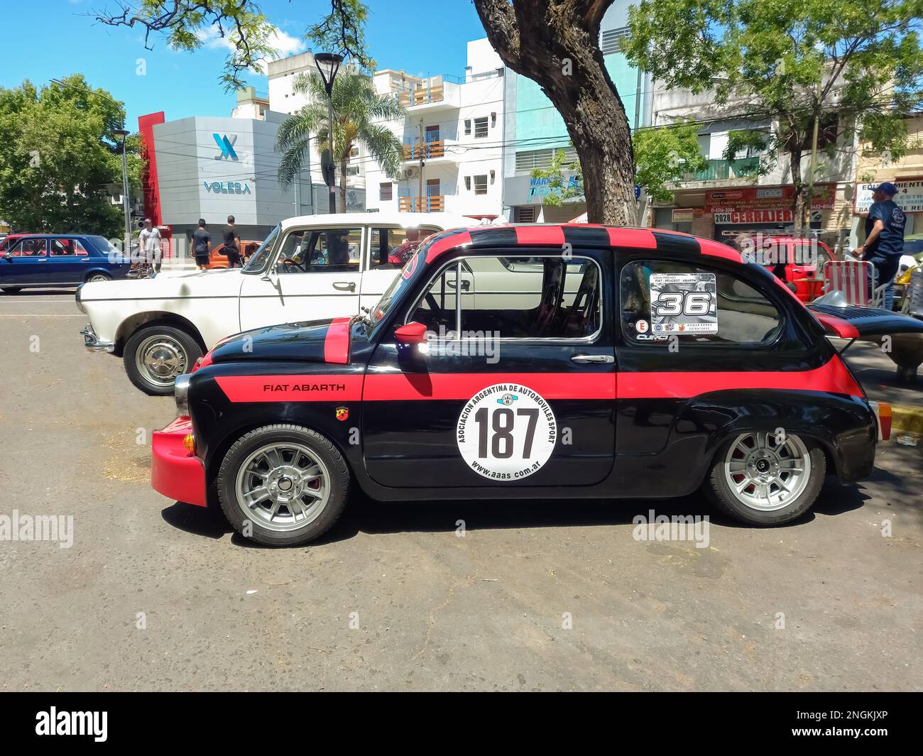 black sport Fiat 600 Abarth sedan unibody for racing. Side view. Expo ...