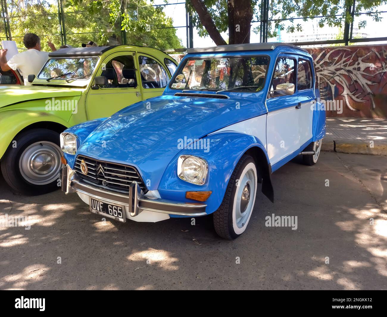 Shot of an old blue and white popular Citroen Dyane 1970s parked in the ...