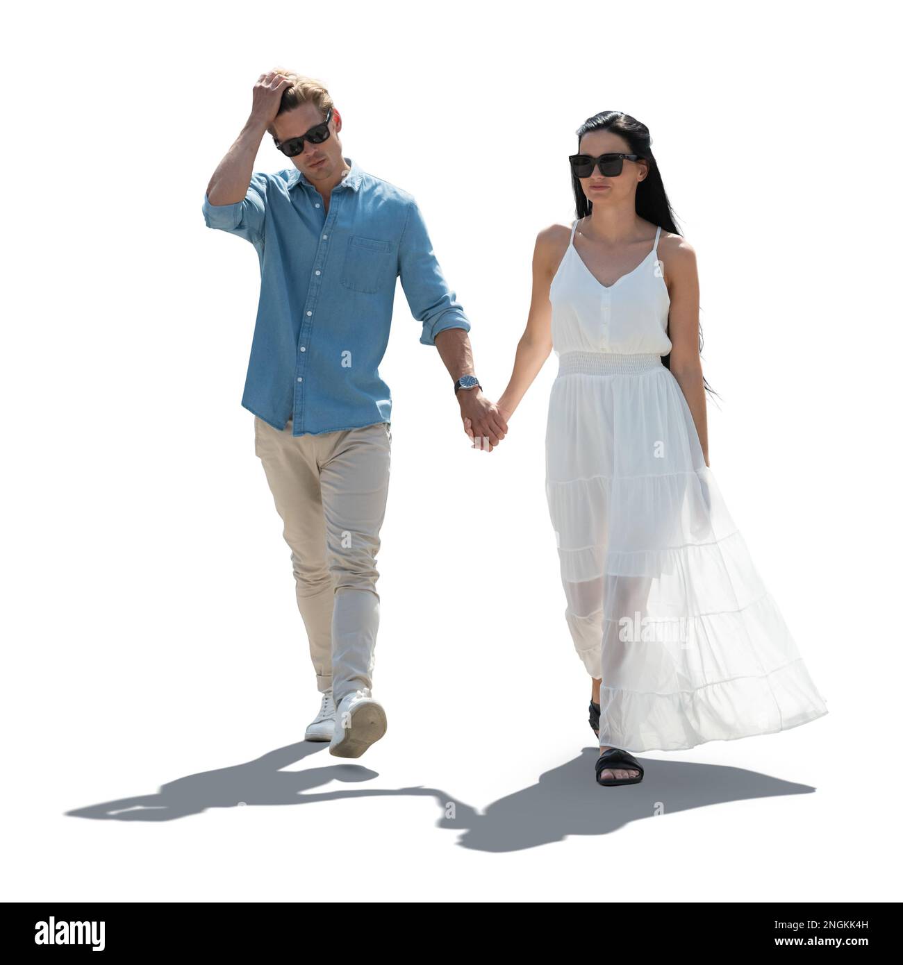 Relaxed couple walking hand in hand in resort or on the beach isolated ...