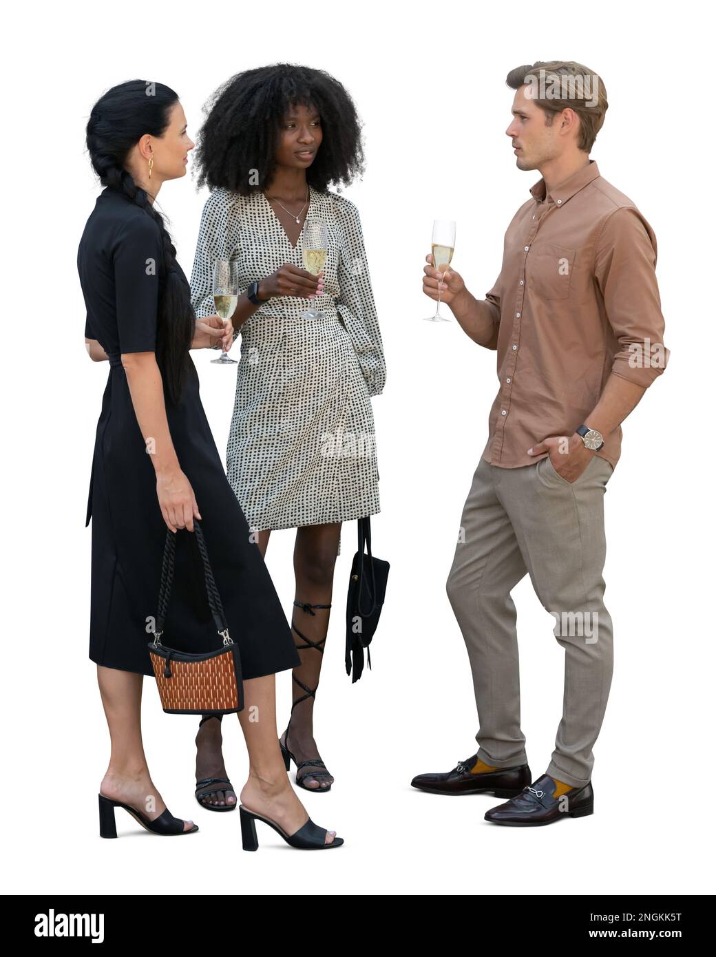 Group of three people standing and talking and drinking champagne ...