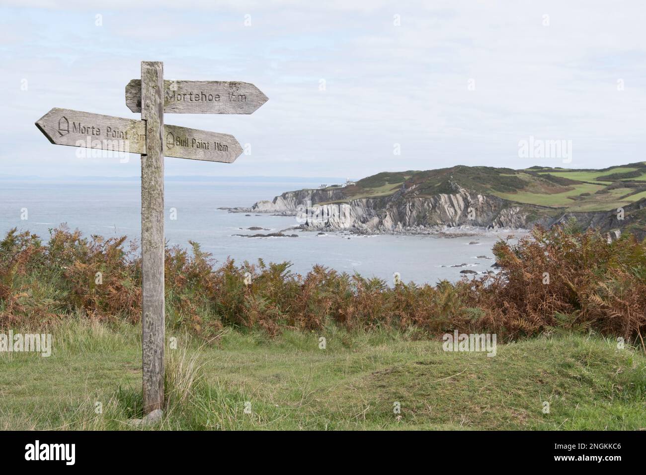 Footpath sign giving directions to Morte Point, Bull Point an Morethoe ...