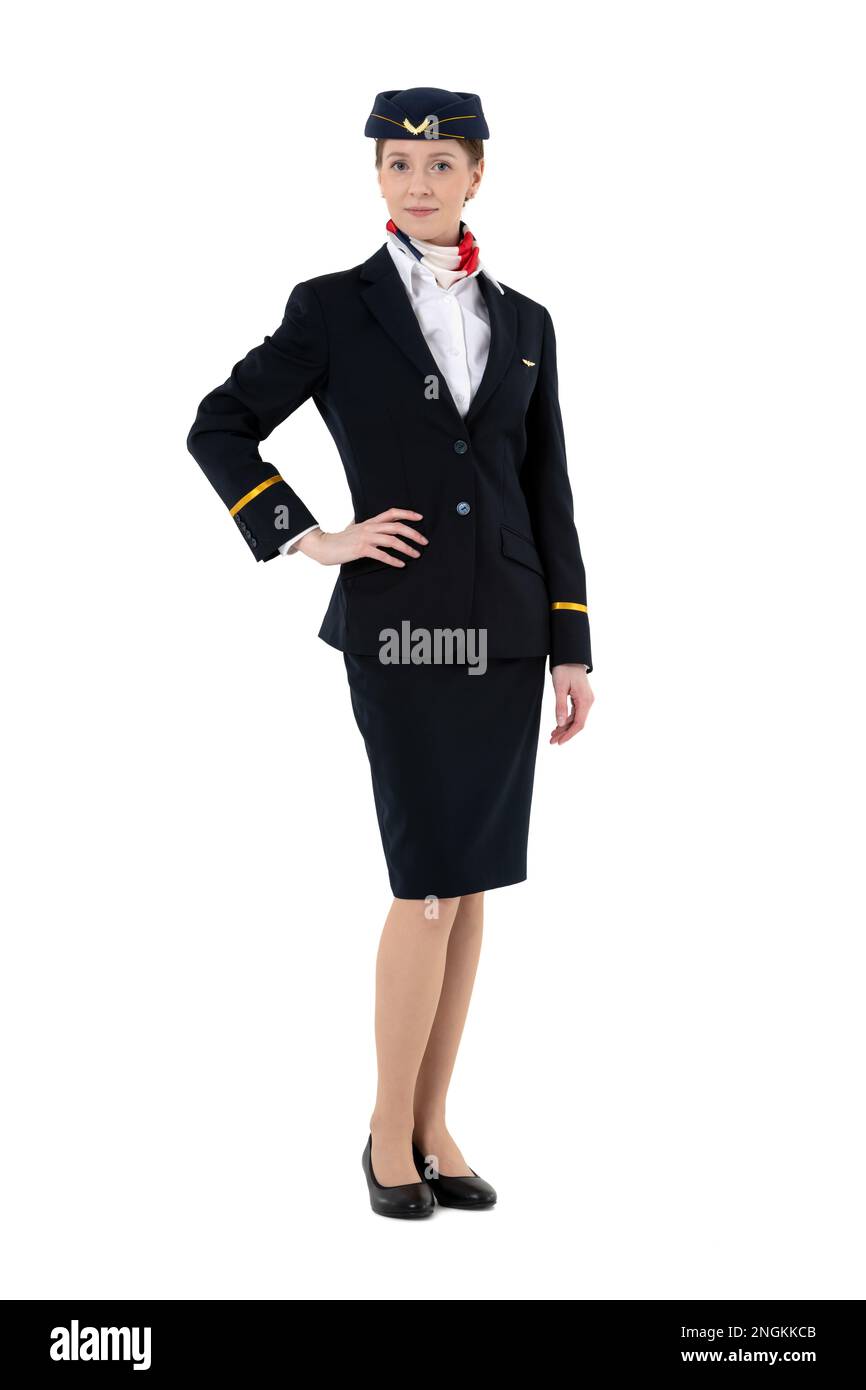 Female flight attendant standing and smiling isolated on white ...
