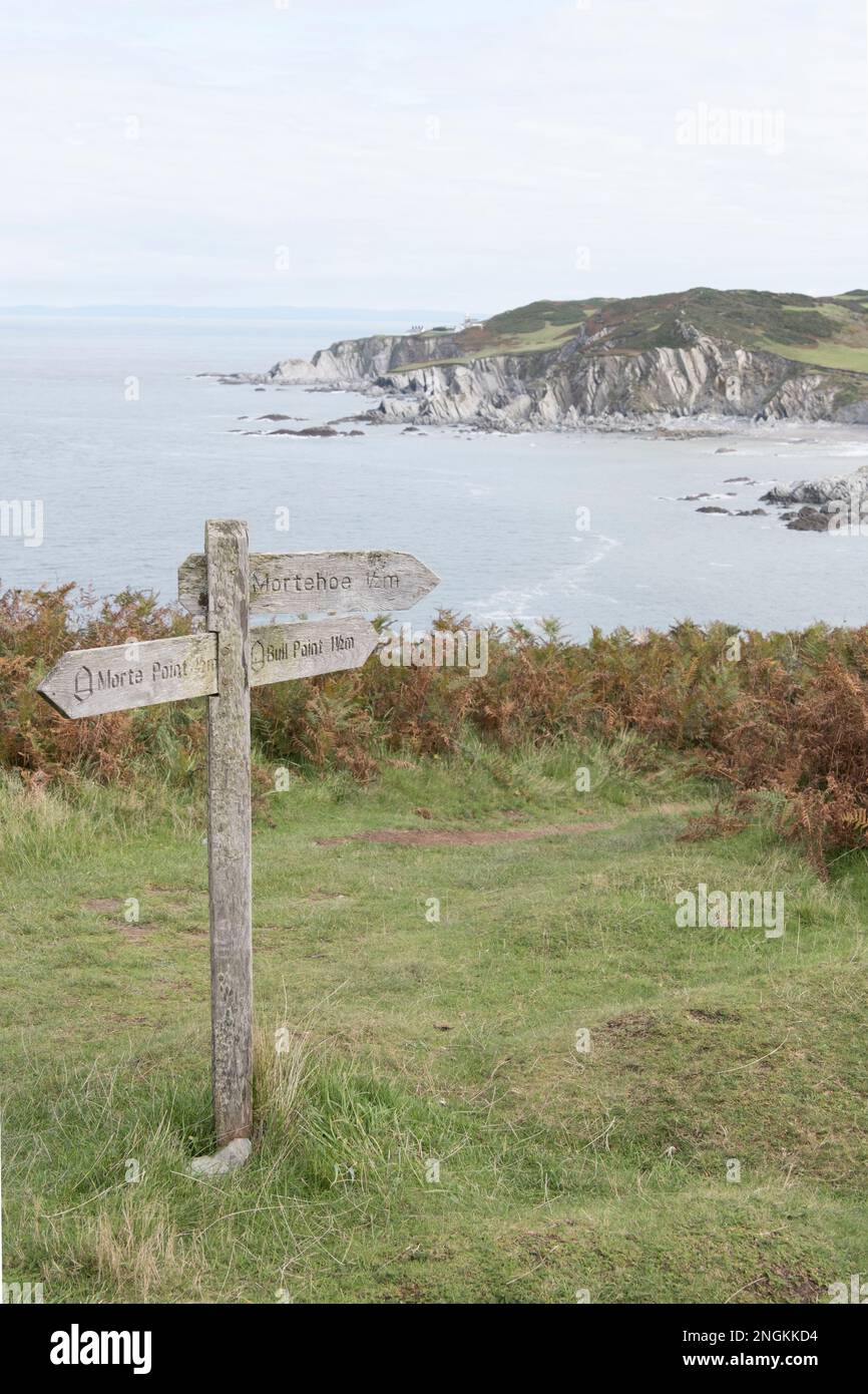 Footpath sign giving directions to Morte Point, Bull Point an Morethoe ...