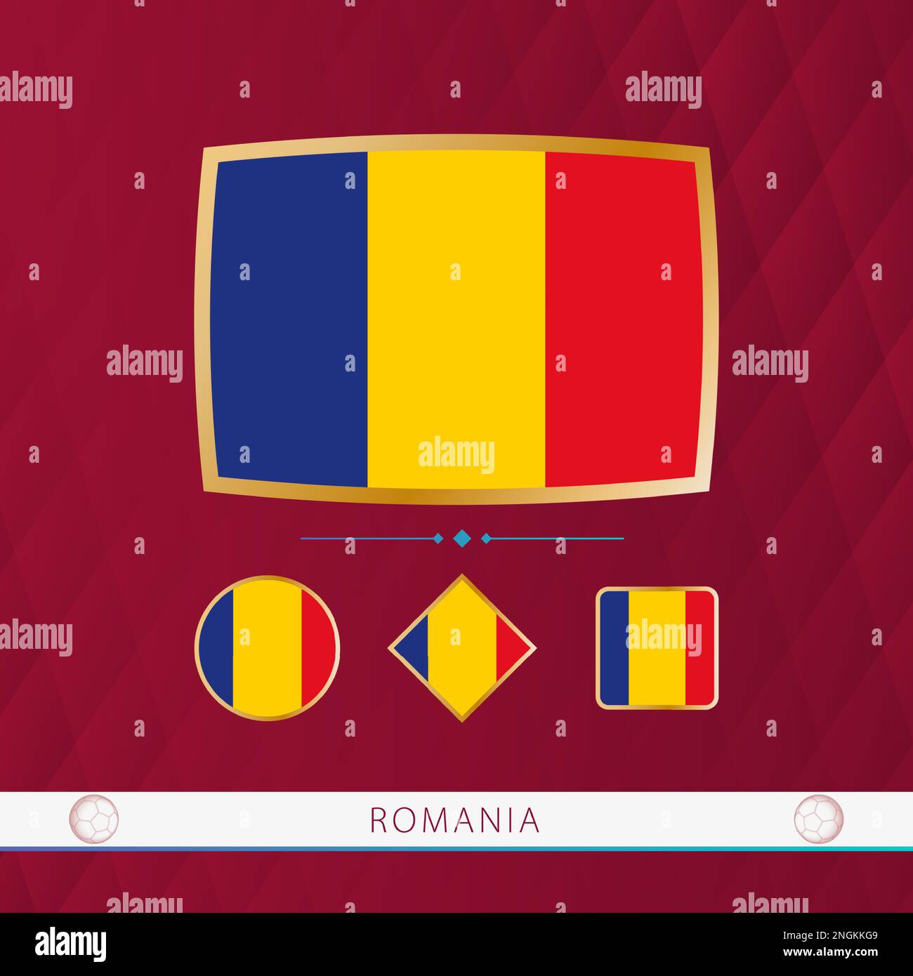 Set of Romania flags with gold frame for use at sporting events on a ...