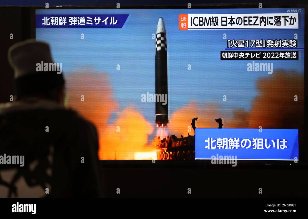 A screen monitor shows North Korea's launching of a ballistic missile, which has reportedly ...