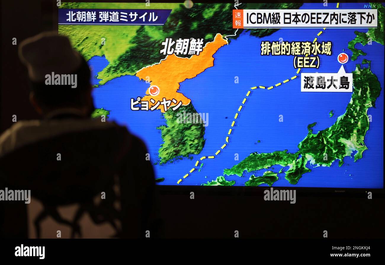 A screen monitor shows North Korea's launching of a ballistic missile, which has reportedly ...