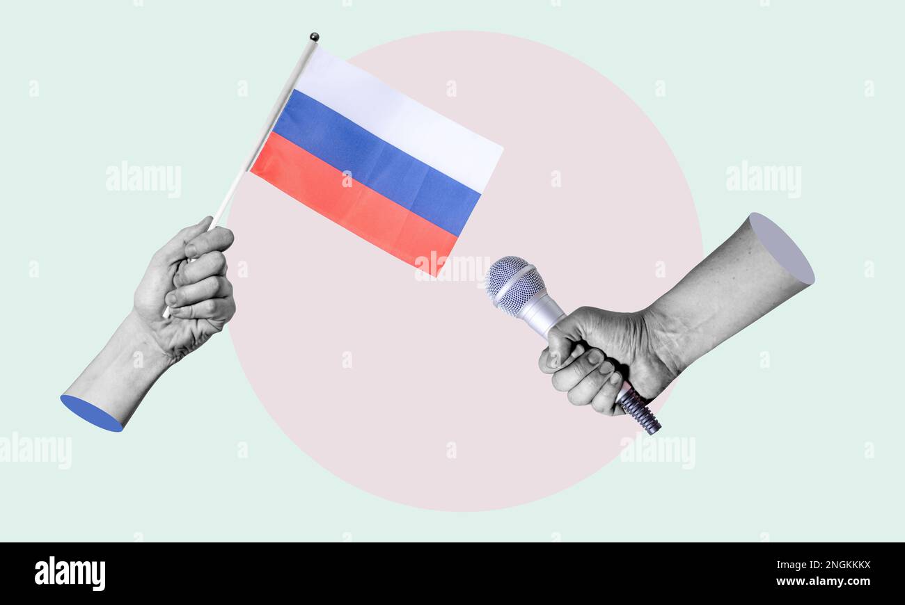 Art collage, collage of a hand holding the Russian flag, microphone in ...
