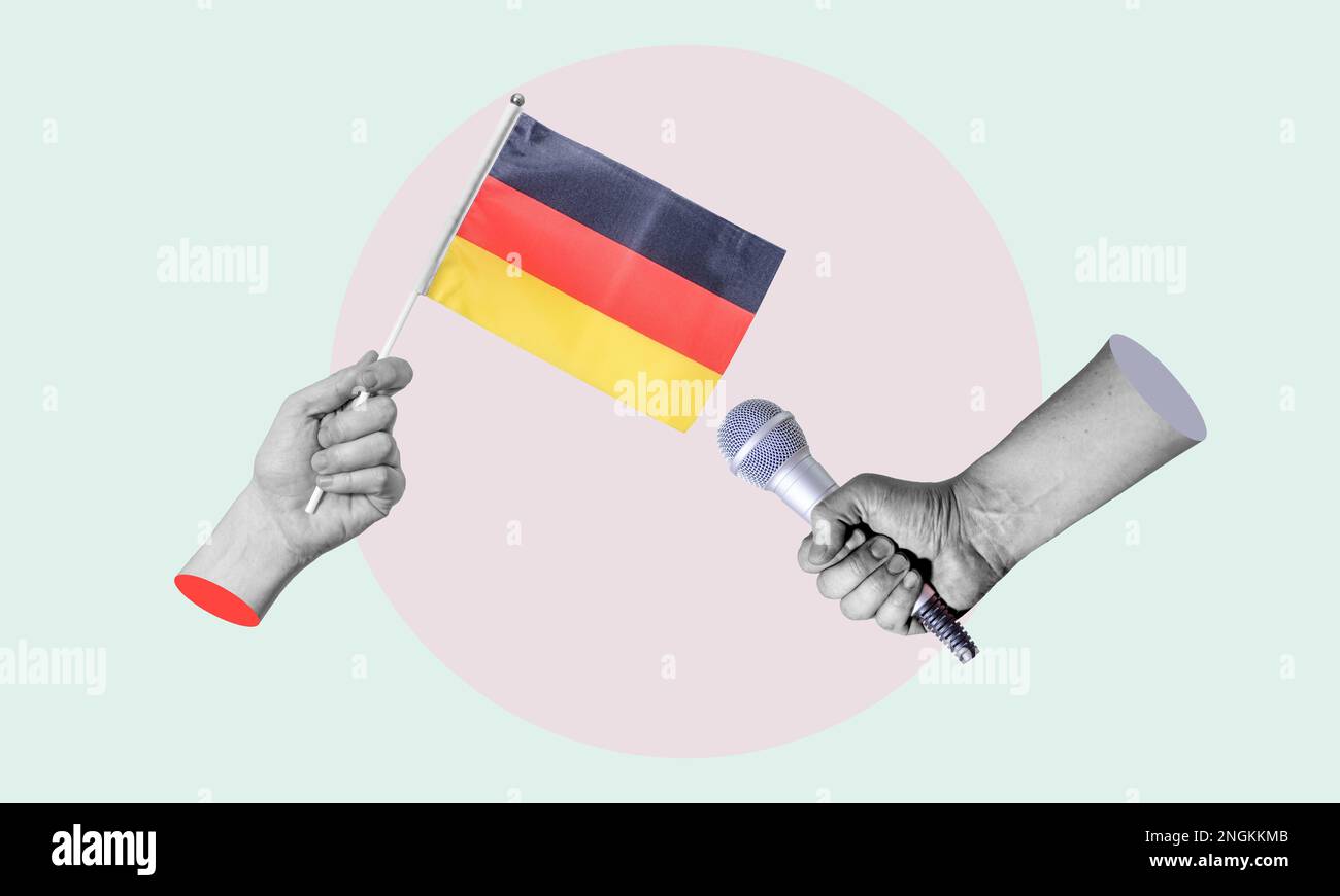 Art collage, collage of a hand holding the German flag, microphone in ...