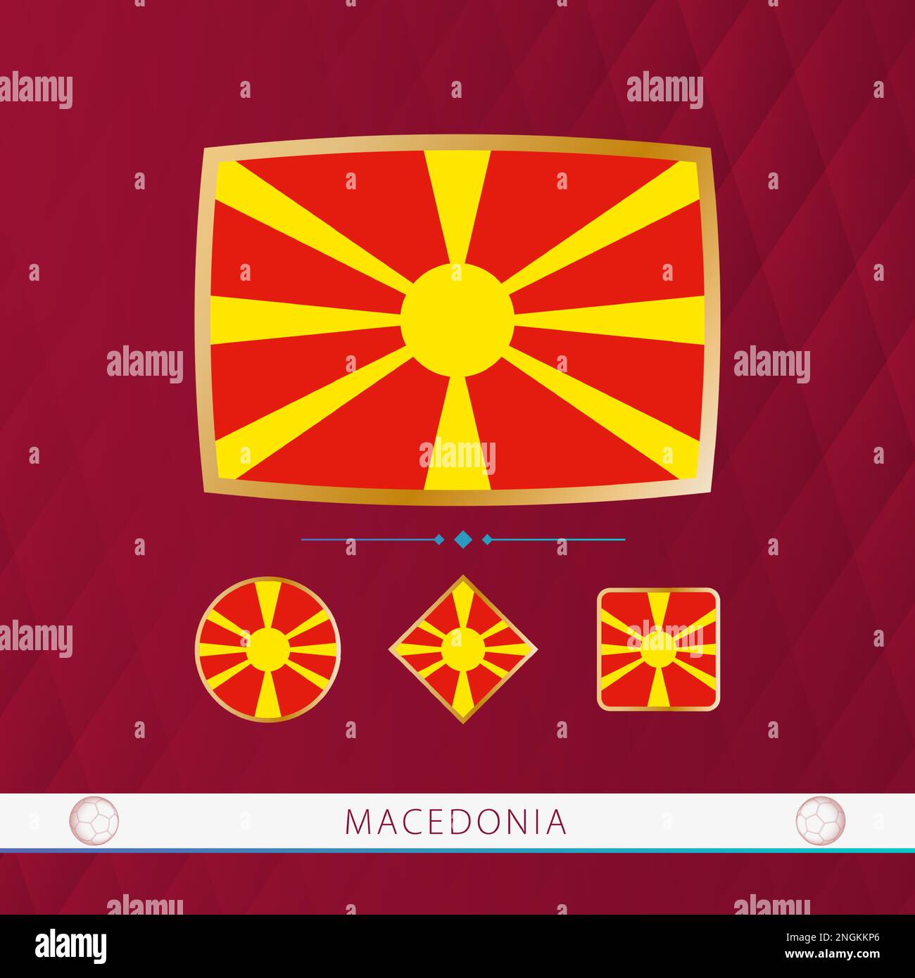 Set of North Macedonia flags with gold frame for use at sporting events on a burgundy abstract ...