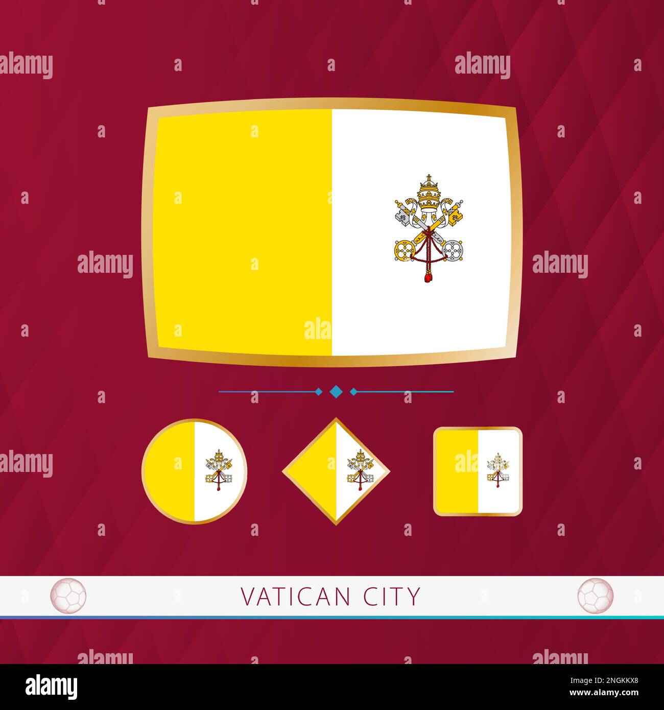 Set of Vatican City flags with gold frame for use at sporting events on a burgundy abstract ...