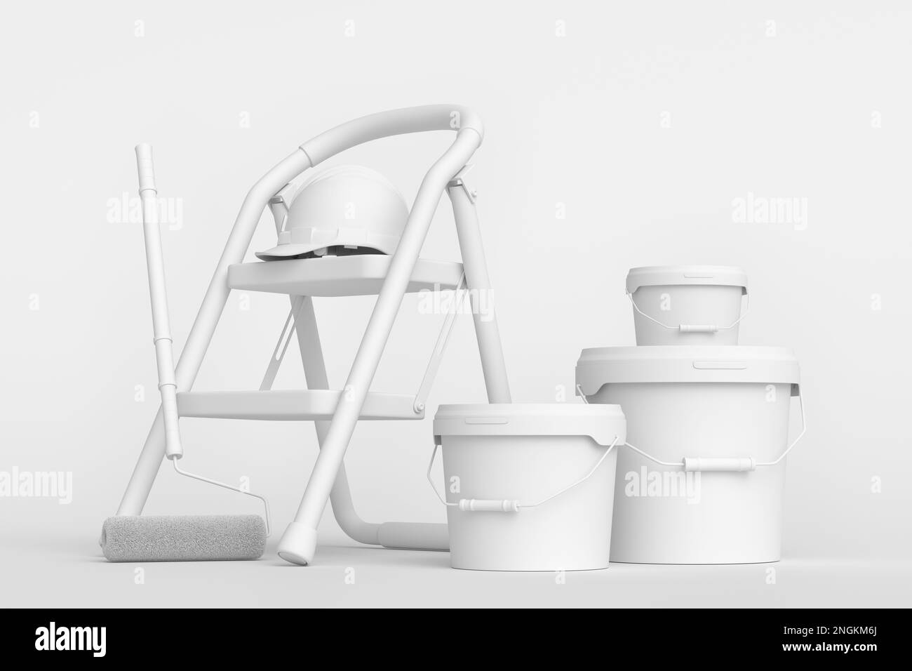 Set of folding ladder, bucket, safety helmet with paint rollers and ...
