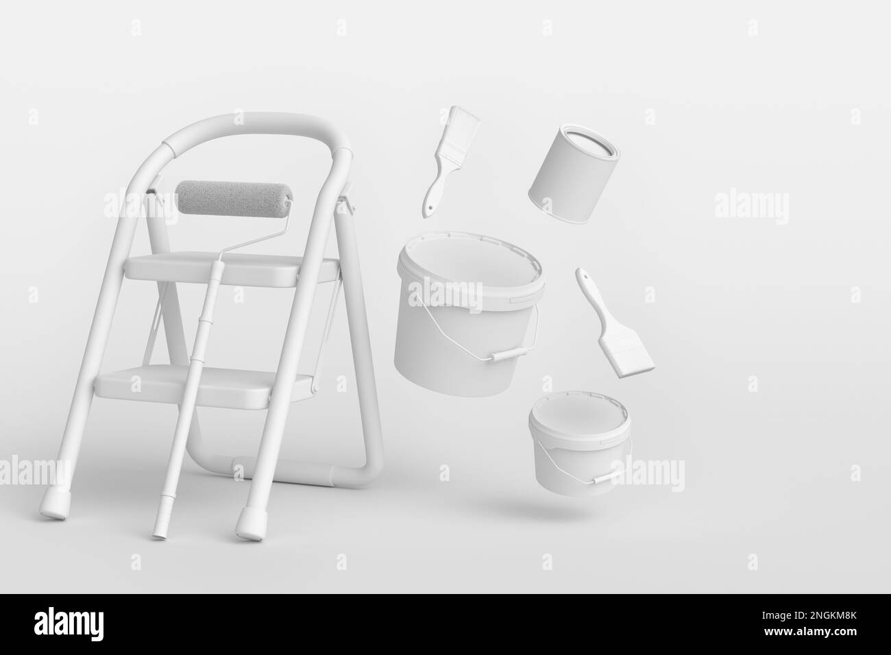 Set of metal cans or buckets with paint roller, brush and folding ...