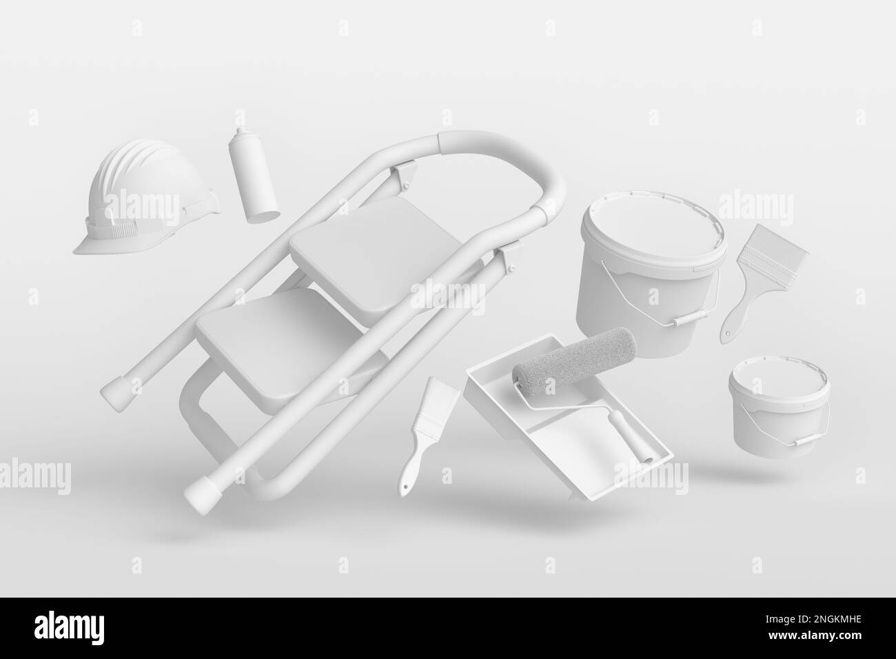 Set of folding ladder, bucket, safety helmet with paint rollers and ...
