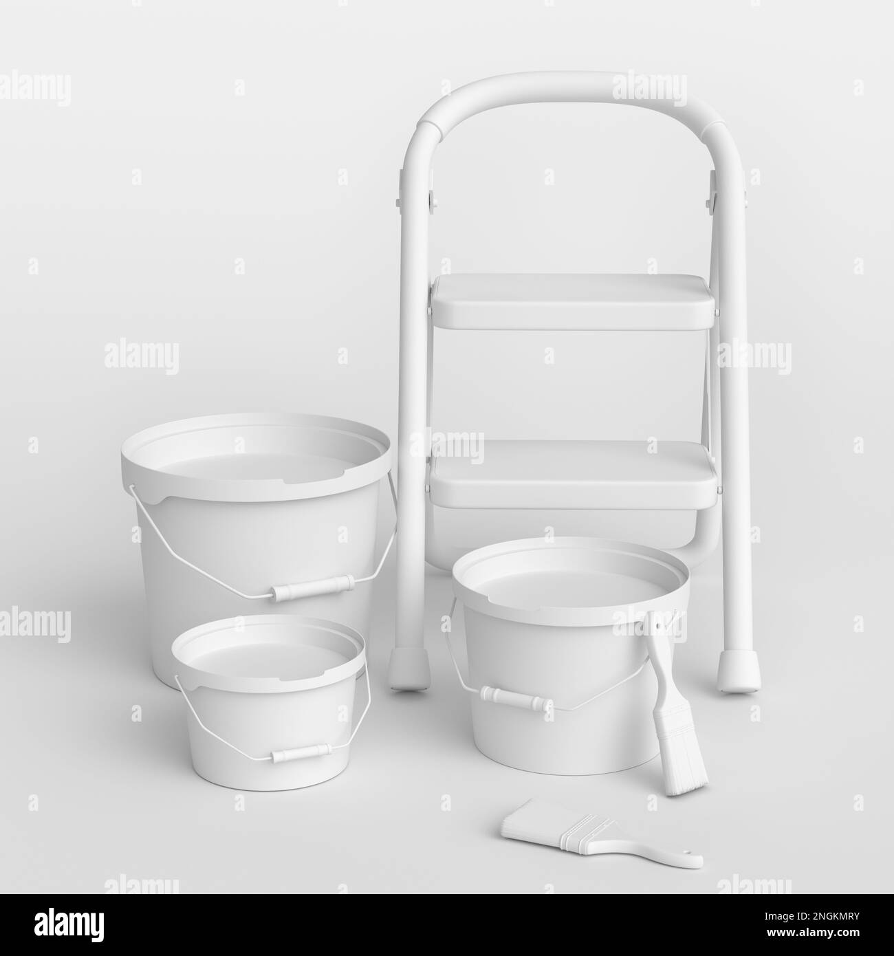 Set of folding ladder, bucket with paint rollers and brushes for ...