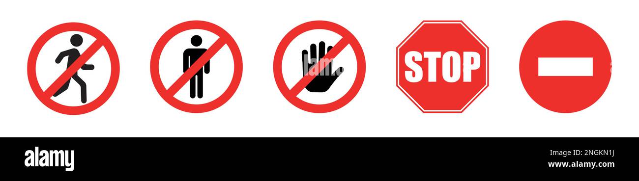Stop signs. No entry sign. Prohibition sign walking pedestrians. Vector ...