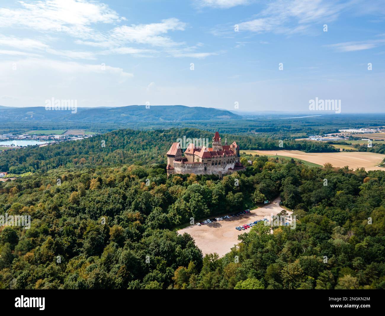drone view of Kreuzenstein Castle in Leobendorf Austria, showcasing the ...