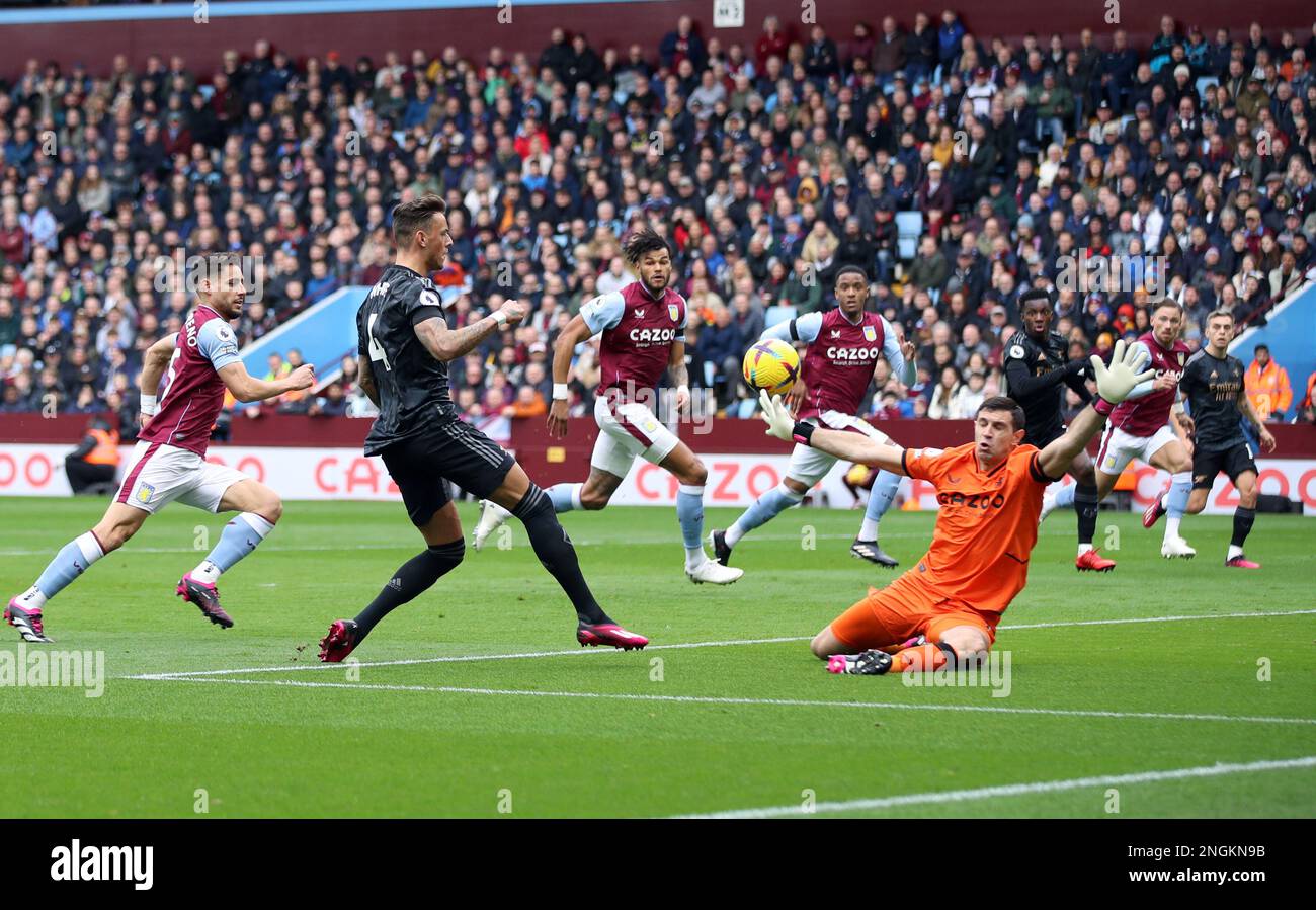 Arsenal's Ben White shoots towards goal under pressure from Aston Villa ...
