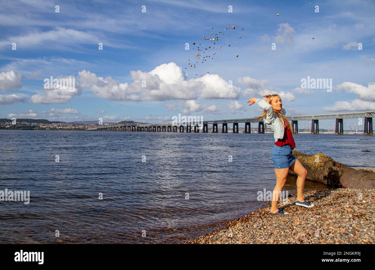On a beautiful October day in Wormit Beach, Fife, Rhianna Martin throws ...