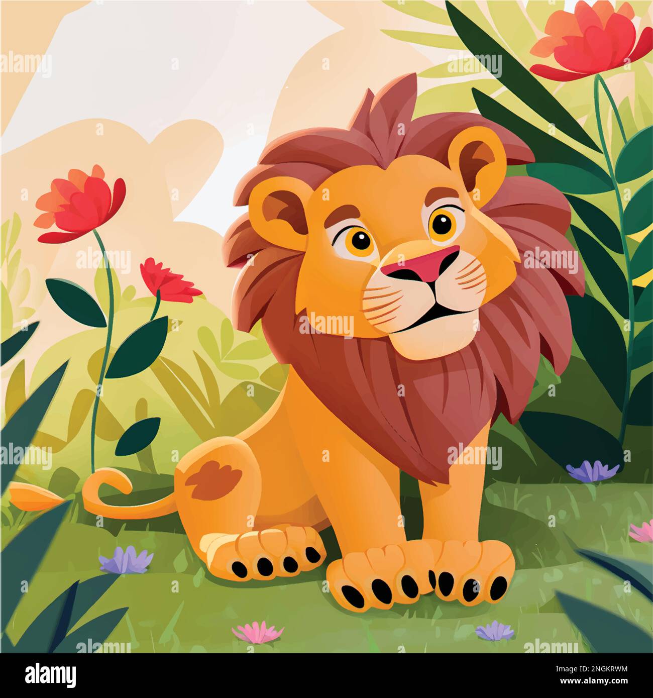 This playful illustration of a friendly lion with a nature background ...