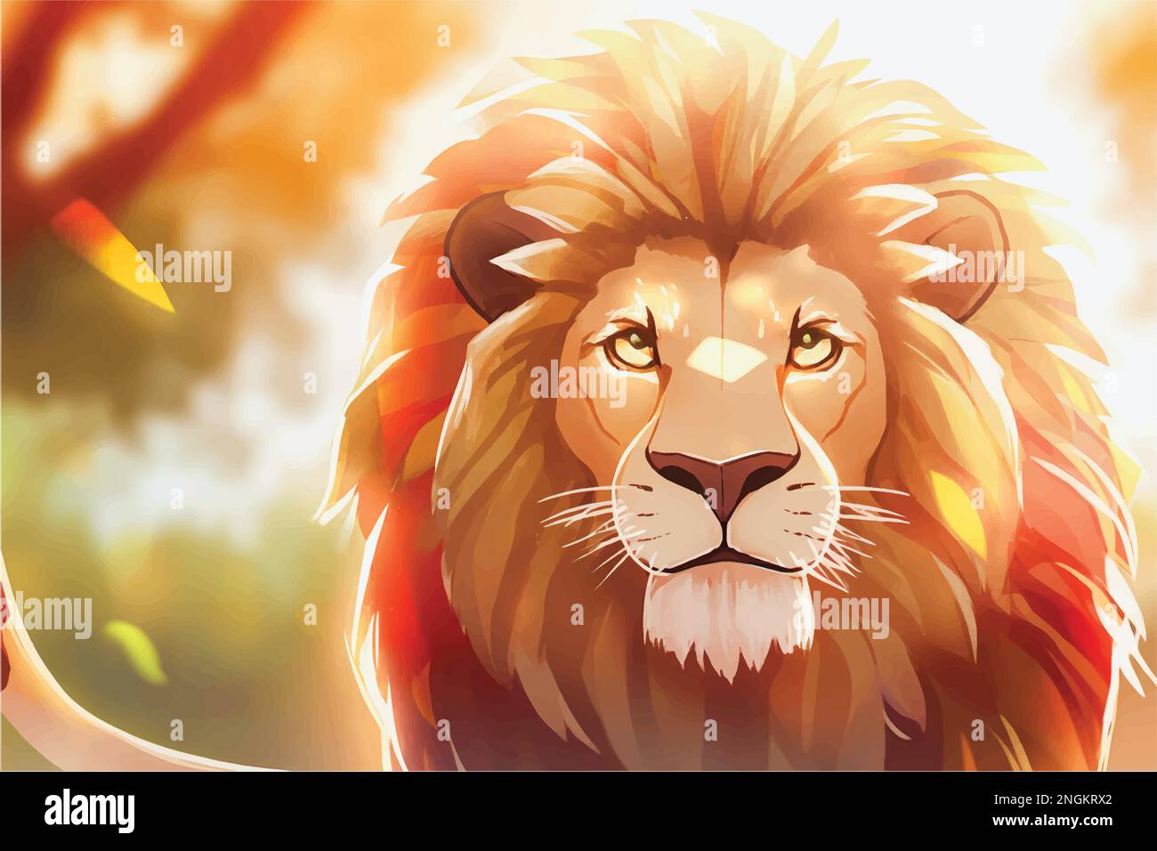 This playful illustration of a friendly lion with a nature background ...