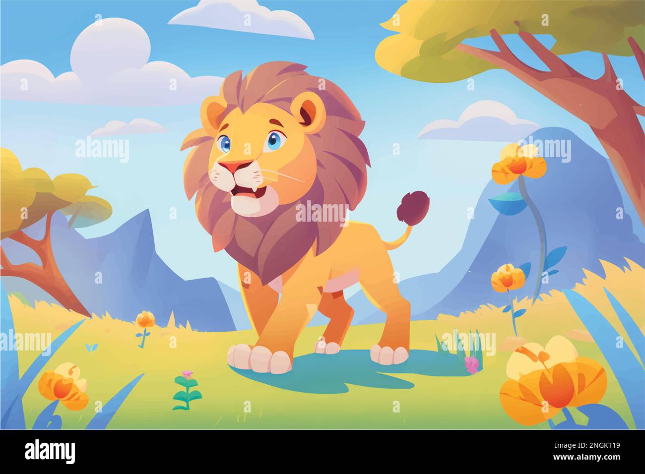 This playful illustration of a friendly lion with a nature background ...