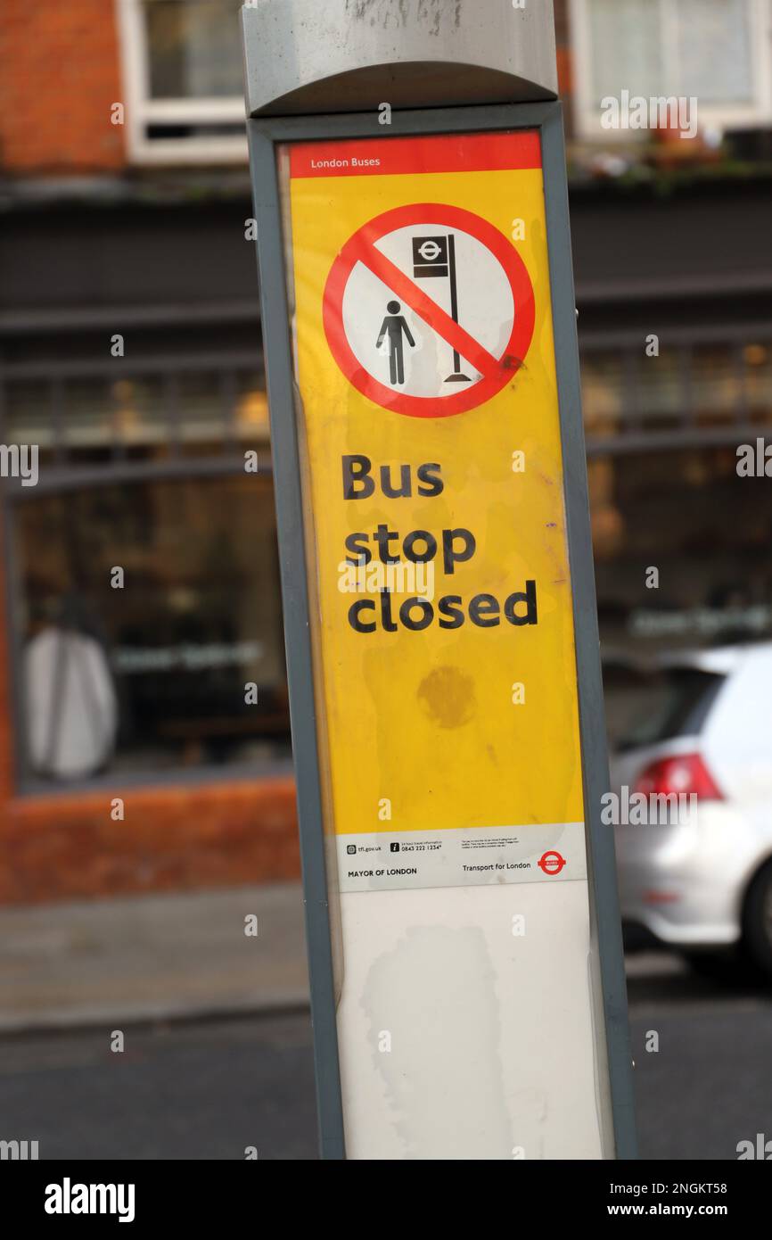 Bus Stop Closed Sign, Shoreditch, London, England Stock Photo - Alamy