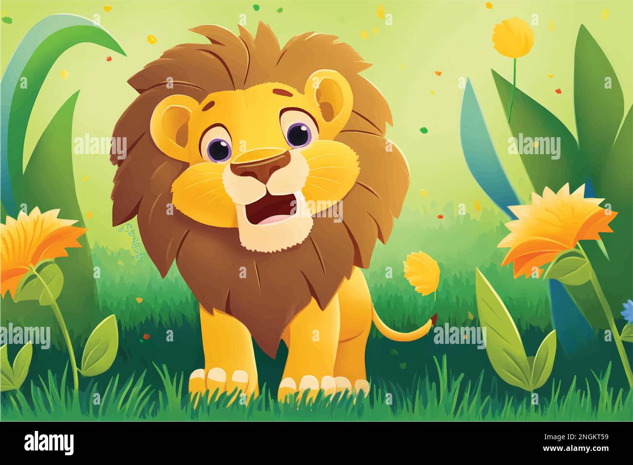 This playful illustration of a friendly lion with a nature background ...