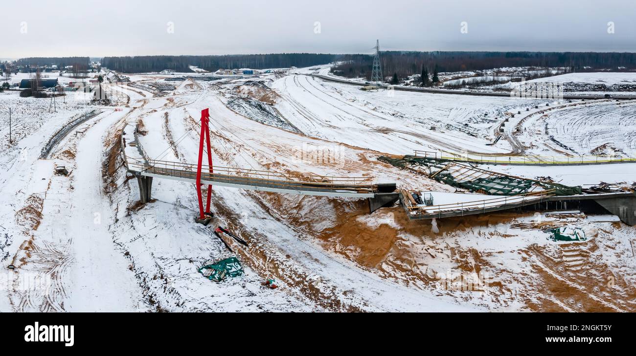 Aerial view of Road construction of Kekava Bypass, a new section of A7 ...