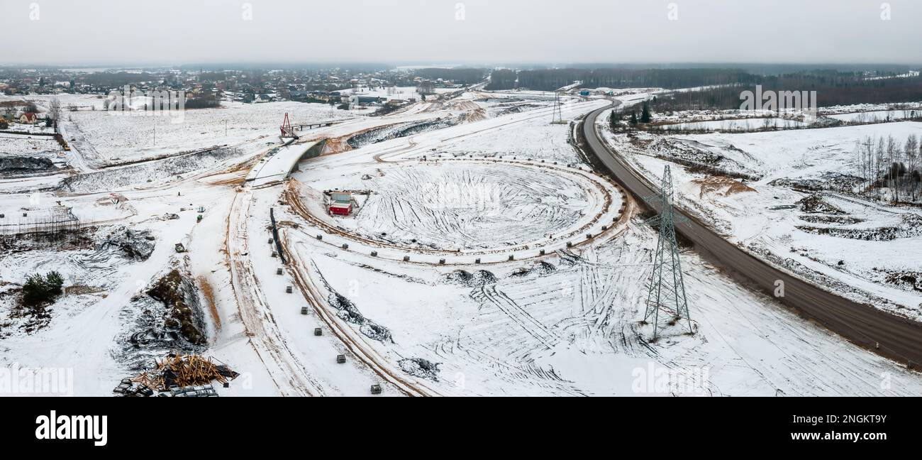 Aerial view of Road construction of Kekava Bypass, a new section of A7 ...