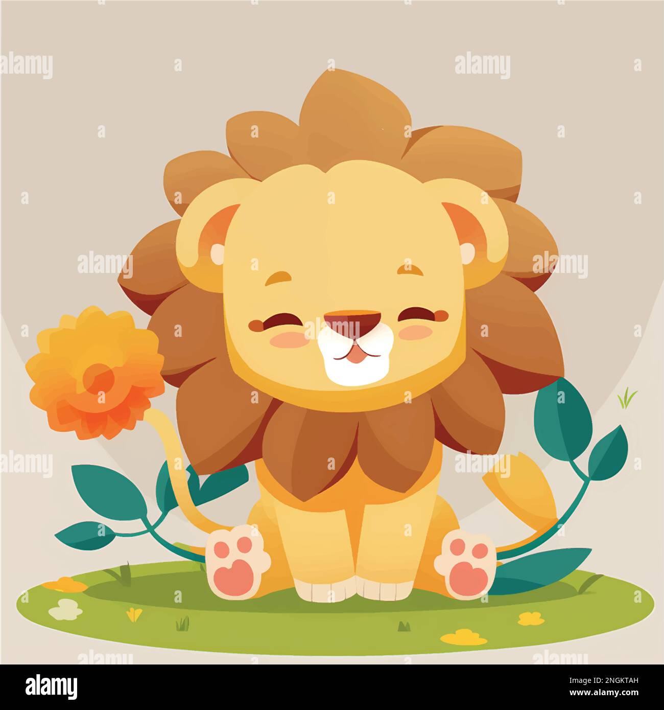 This playful illustration of a friendly lion with a nature background ...